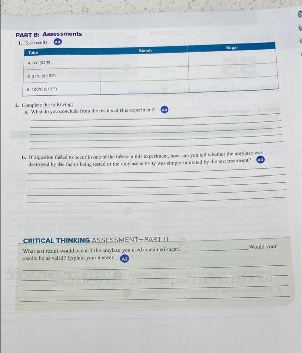 PART B: Assessments 1. Test results: 2. Complete the | Chegg.com