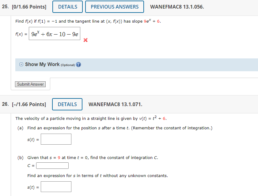 Solved [0/1.66 ﻿Points]Find f(x) ﻿if f(1)=-1 ﻿and the | Chegg.com