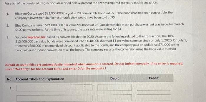 Solved For each of the unrelated transactions described | Chegg.com