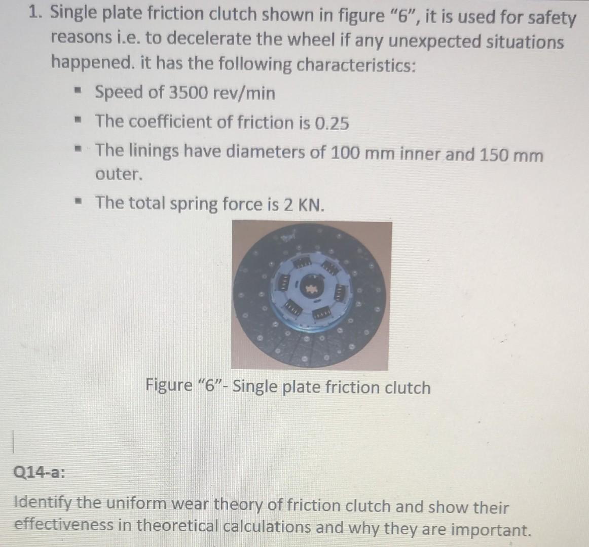 Solved 1. Single plate friction clutch shown in figure "6", | Chegg.com