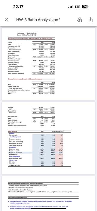 22:17 .1I LTE 74 × HW-3 Ratio Analysis.pdf (c) [1] | Chegg.com