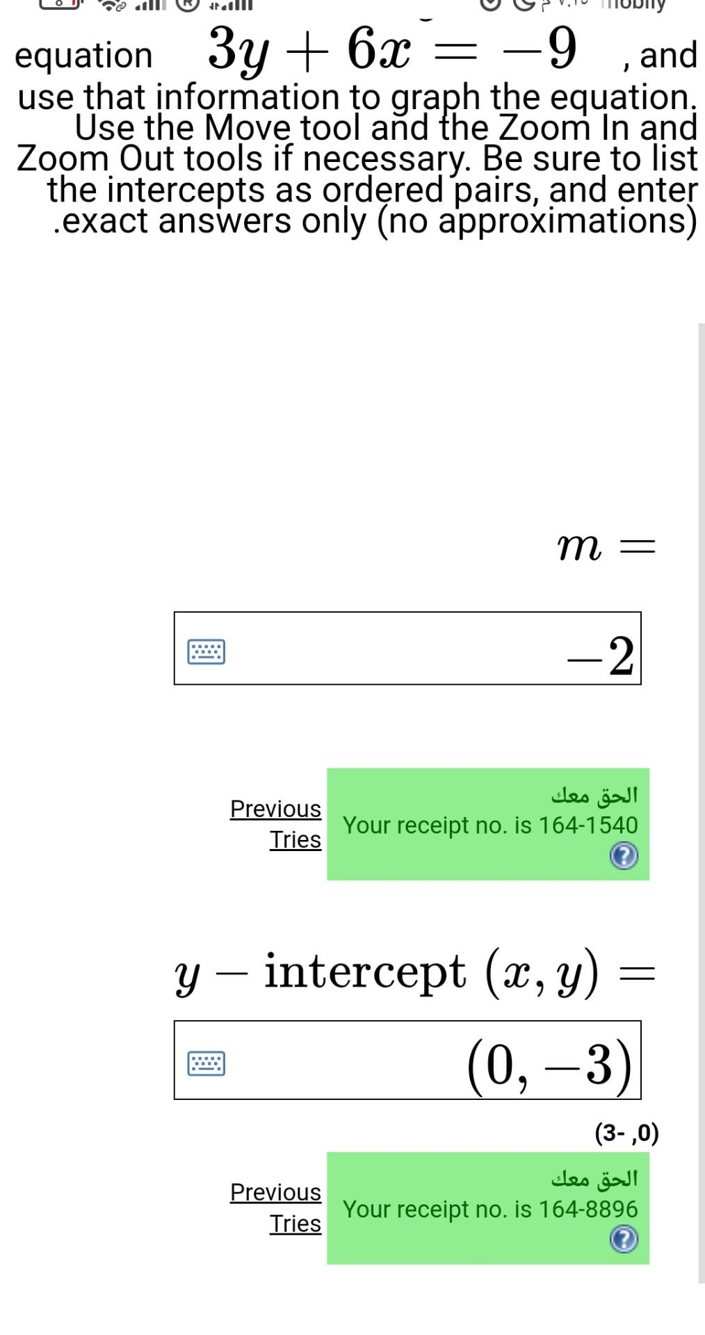 Solved equation 3y+6x=−9, and use that information to graph | Chegg.com
