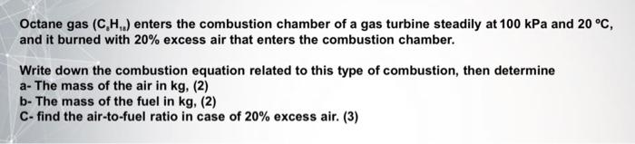 Solved Octane gas (C6H13) enters the combustion chamber of a | Chegg.com