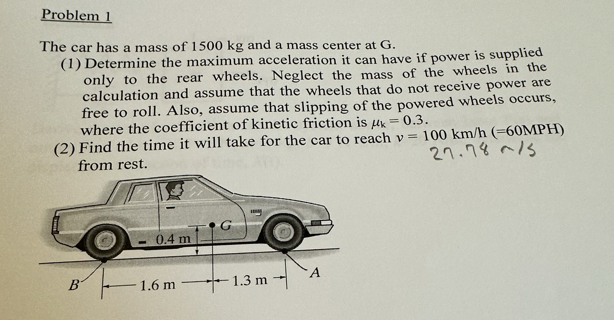 Solved Problem 1The car has a mass of 1500 ﻿kg and a mass | Chegg.com