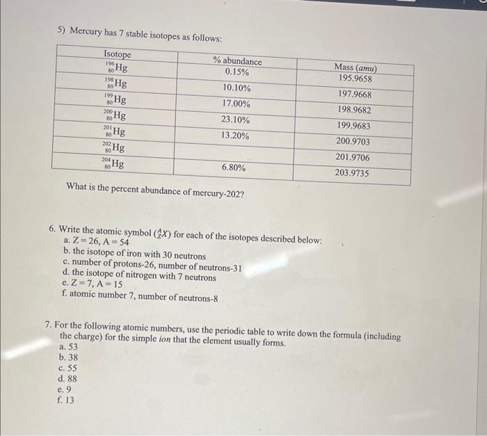 Solved 1) A certain element has the 4 isotopes. Given the | Chegg.com