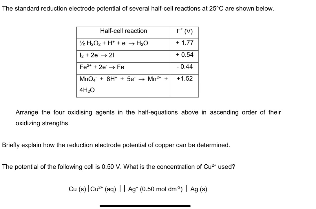 The standard reduction electrode potential of several | Chegg.com