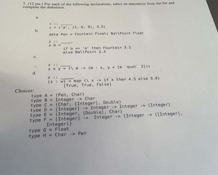 Solved 1. (12 pts.) For each of the following declarations, | Chegg.com
