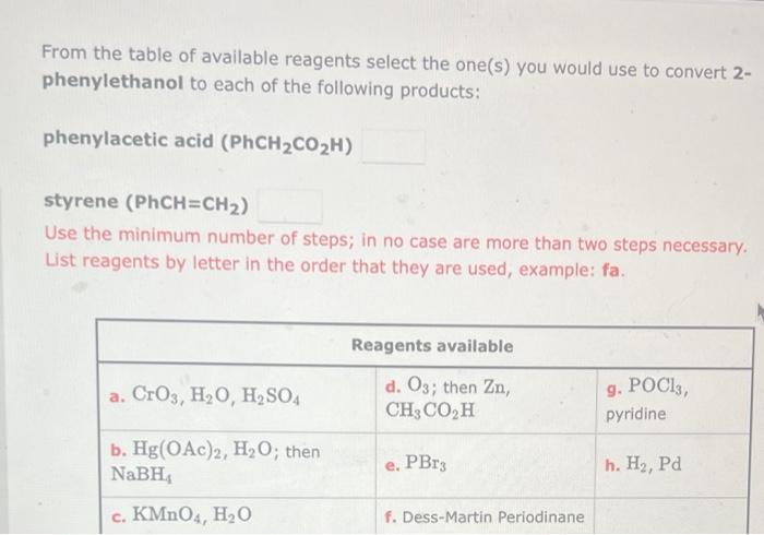 Solved From the table of available reagents select the | Chegg.com