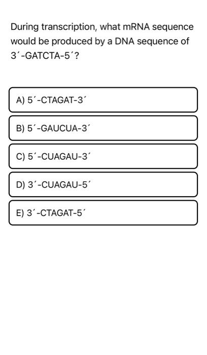Solved During transcription, what mRNA sequence would be | Chegg.com