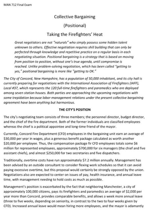 Solved MAN 712 Final Exam Collective Bargaining (Positional) | Chegg.com