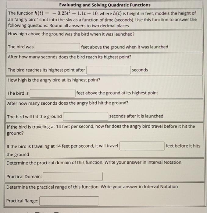 Solved Evaluating and Solving Quadratic Functions The | Chegg.com