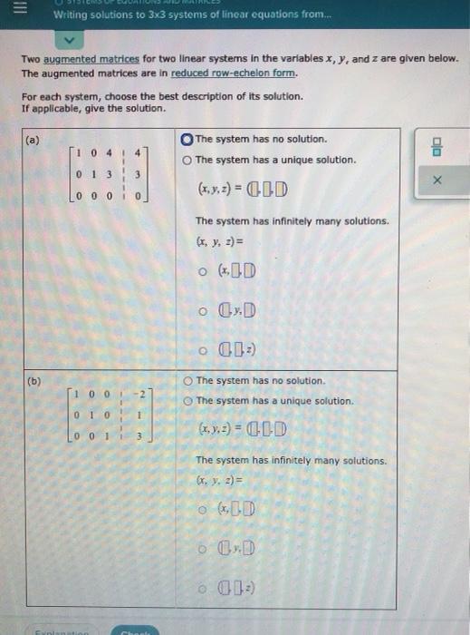 Solved Writing solutions to 3x3 systems of linear equations | Chegg.com