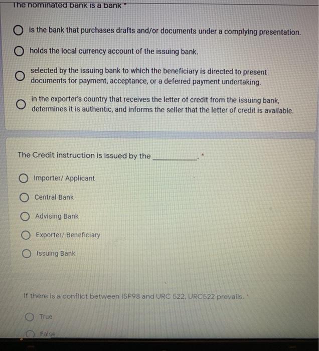 Solved The nominated bank is a bank O is the bank that | Chegg.com