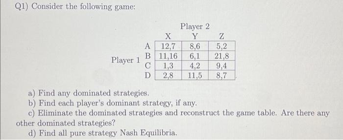 Solved Q1) Consider the following game: Player 1 A B C D | Chegg.com