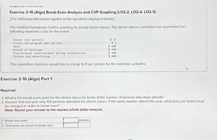Solved Exercise 2-16 (Algo) Break-Even Analysis and CVP | Chegg.com