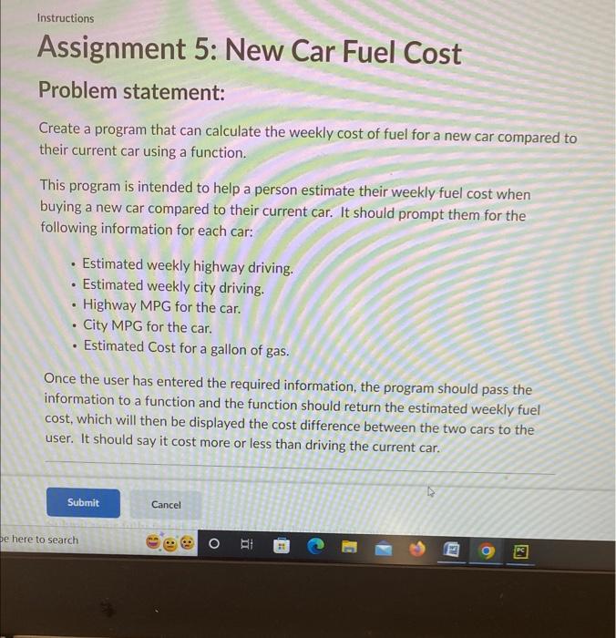 Solved Instructions Assignment 5: New Car Fuel Cost Problem | Chegg.com