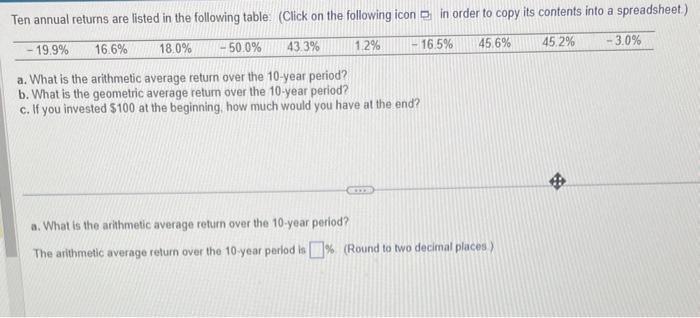 Solved a. What is the arithmetic average return over the 10 | Chegg.com