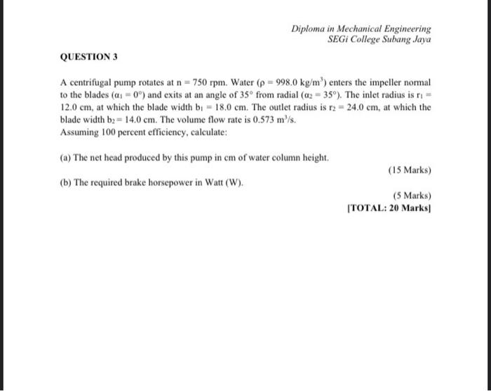 Solved Diploma in Mechanical Engineering SEGi College Subang | Chegg.com