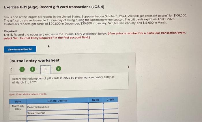 Solved Exercise 8-11 (Algo) Record gift card transactions | Chegg.com