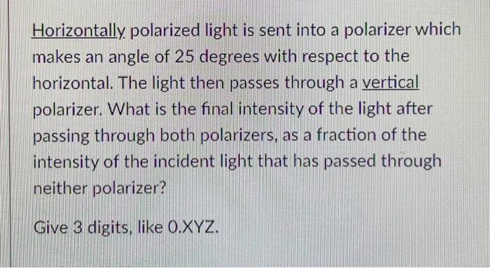 Solved Horizontally polarized light is sent into a polarizer | Chegg.com