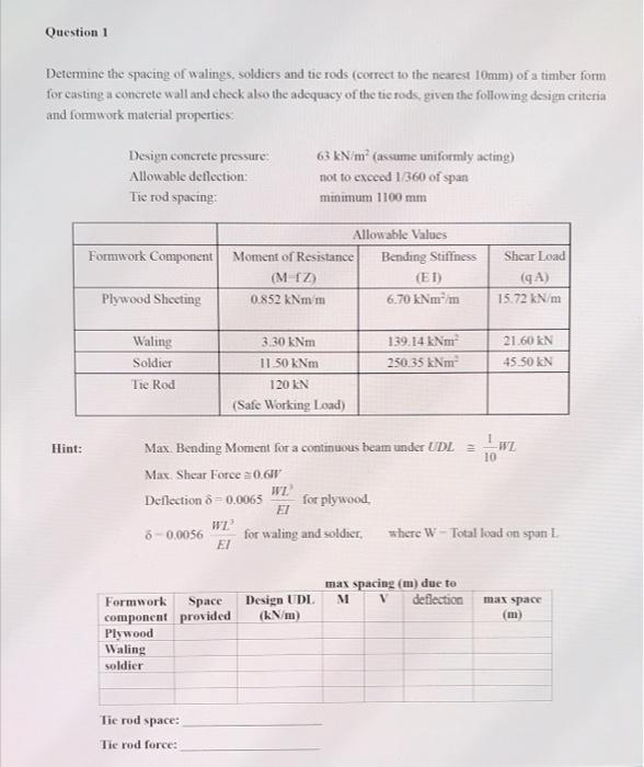 Determine the spacing of walings, soldiers and tic | Chegg.com