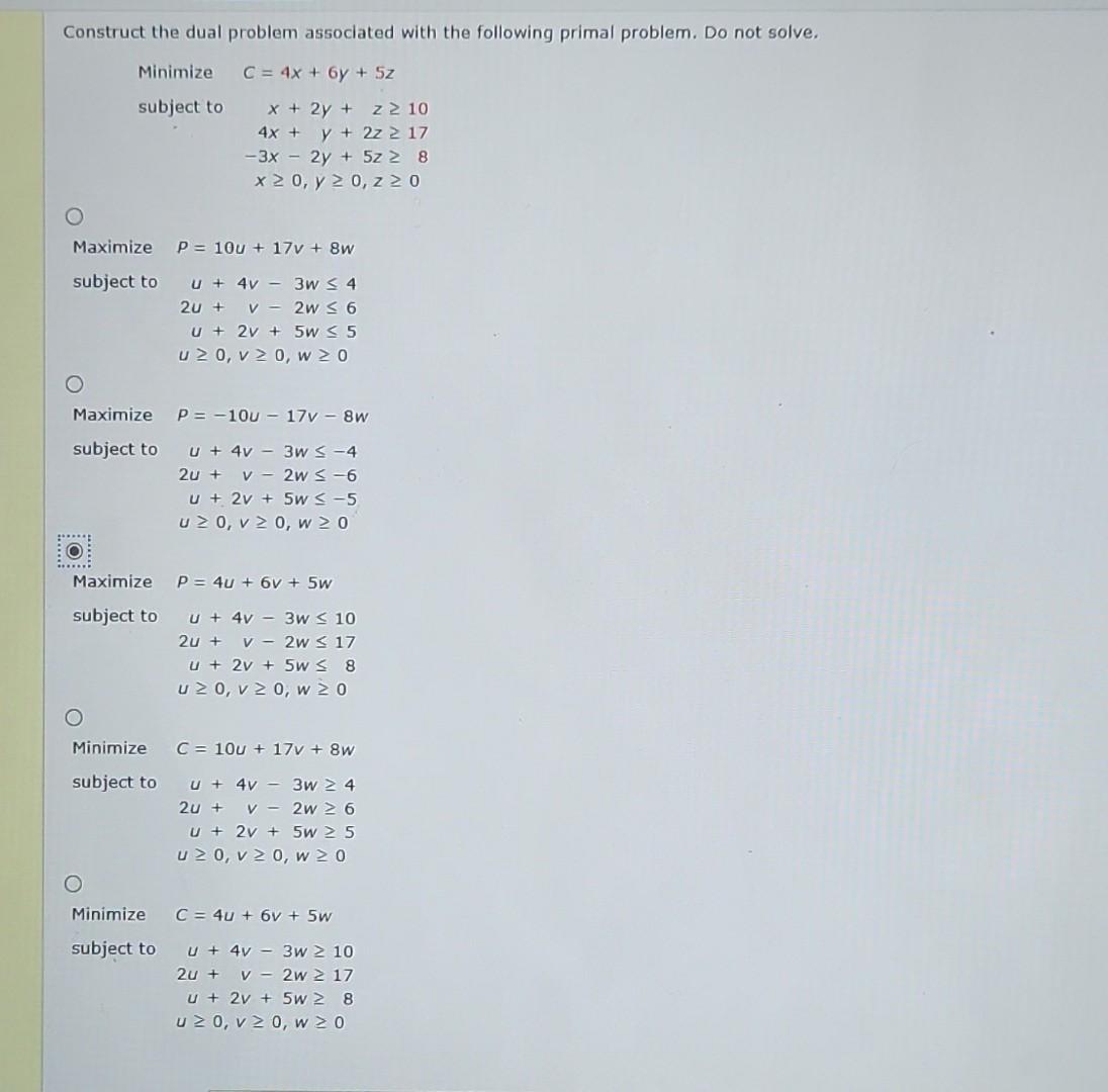 Solved Construct the dual problem associated with the | Chegg.com