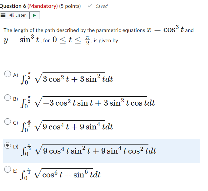 Solved The length of the path described by the parametric | Chegg.com