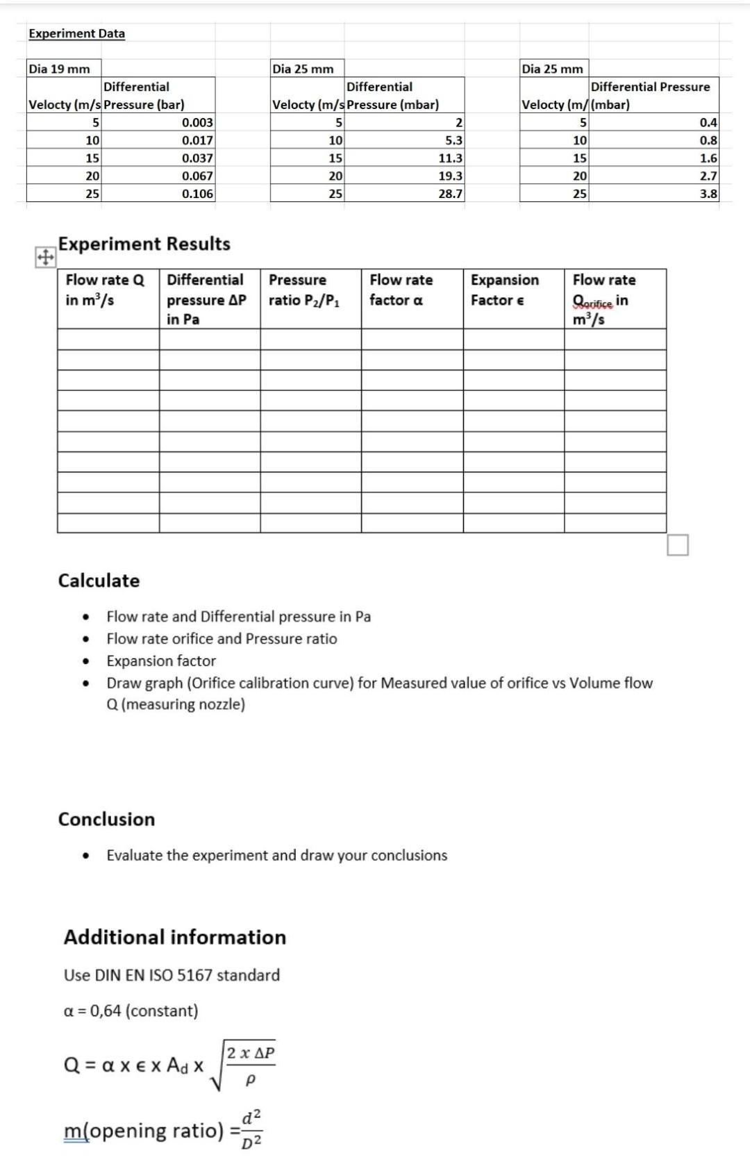 Solved Experiment Results Calculate - Flow rate and | Chegg.com