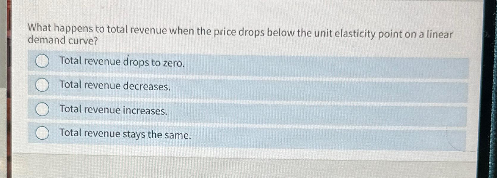 Solved What happens to total revenue when the price drops | Chegg.com