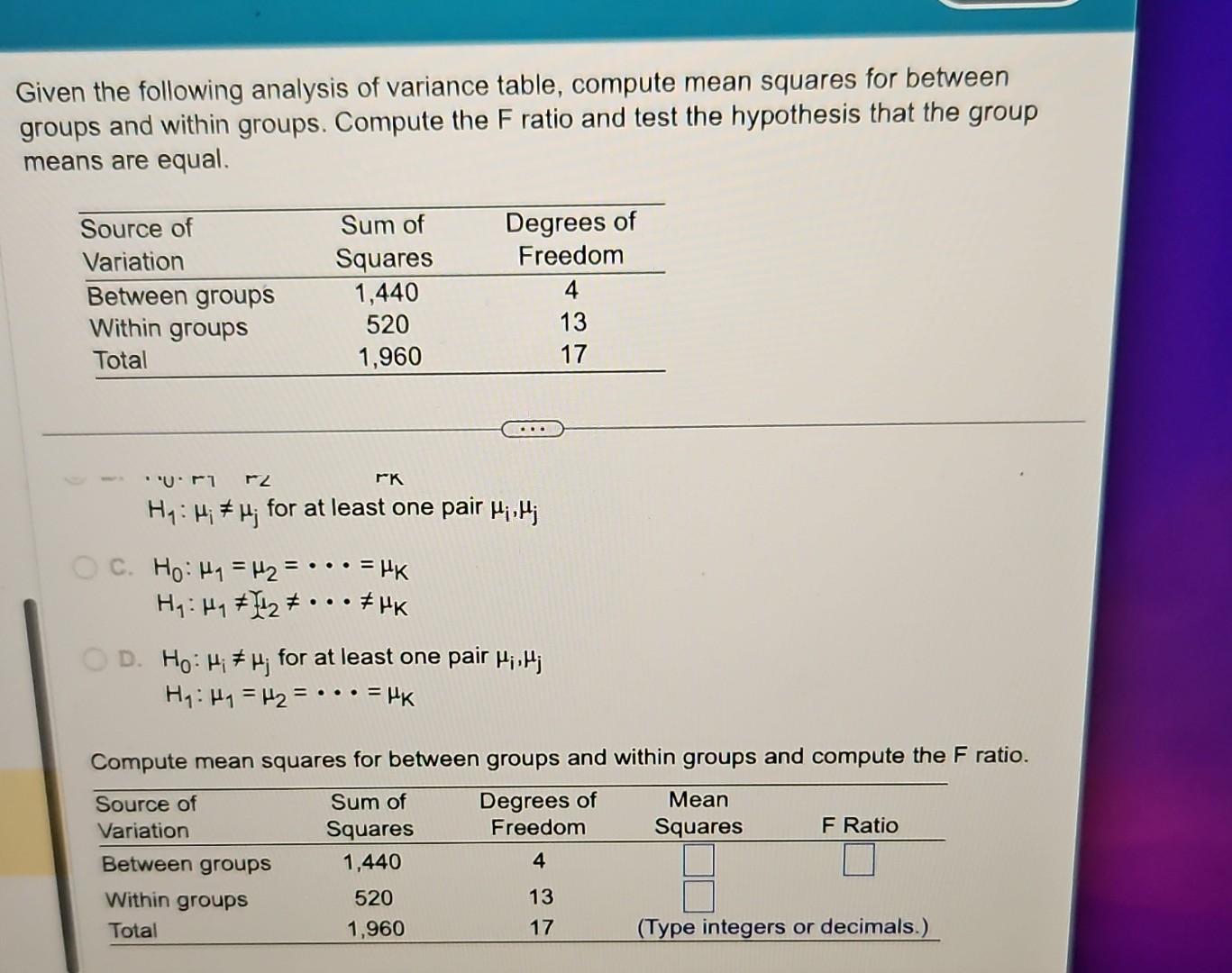 Solved Given The Following Analysis Of Variance Table