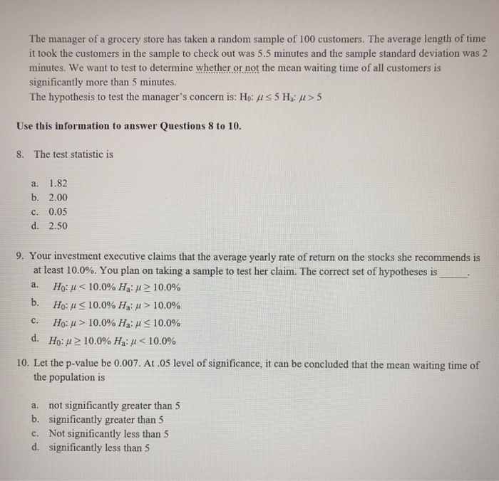 Solved The manager of a grocery store has taken a random | Chegg.com