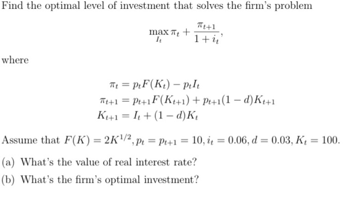 Find the optimal level of investment that solves the | Chegg.com
