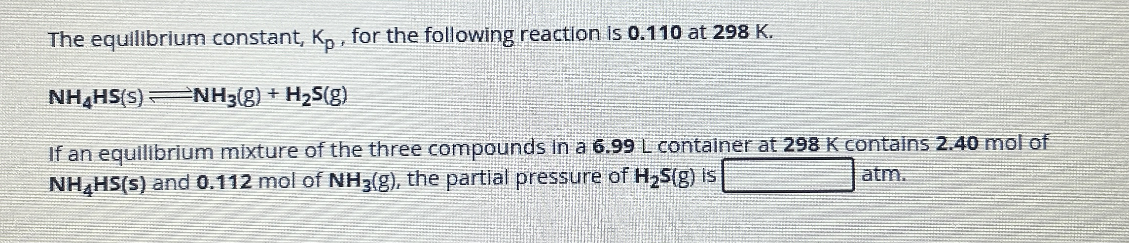 Solved The equilibrium constant, Kp, ﻿for the following | Chegg.com