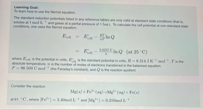 Solved Learning Goal: To learn how to use the Nernst | Chegg.com