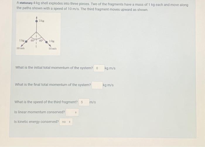 Solved A stationary 4-kg shell explodes into three pieces. | Chegg.com
