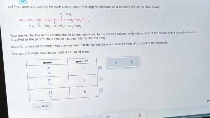 Solved List the name and position for each substituent in | Chegg.com