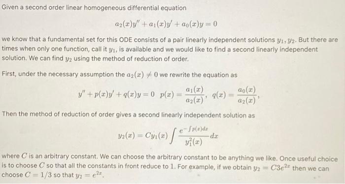 Solved Given a second order linear homogeneous differential | Chegg.com