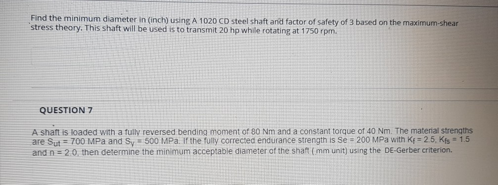 Solved Find the minimum diameter in (inch) using A 1020 CD | Chegg.com
