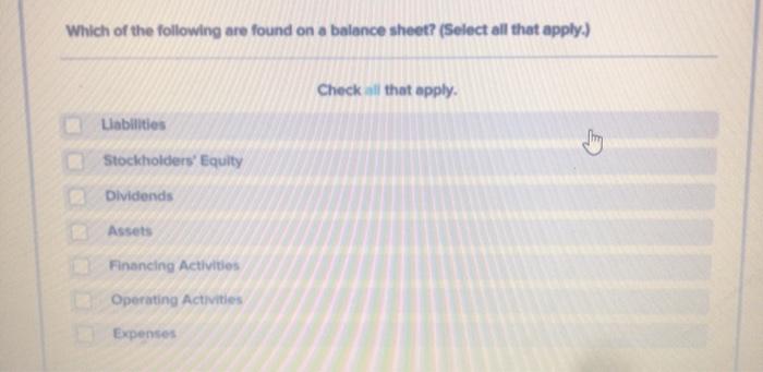 Solved Which Of The Following Are Found On A Balance Sheet Chegg