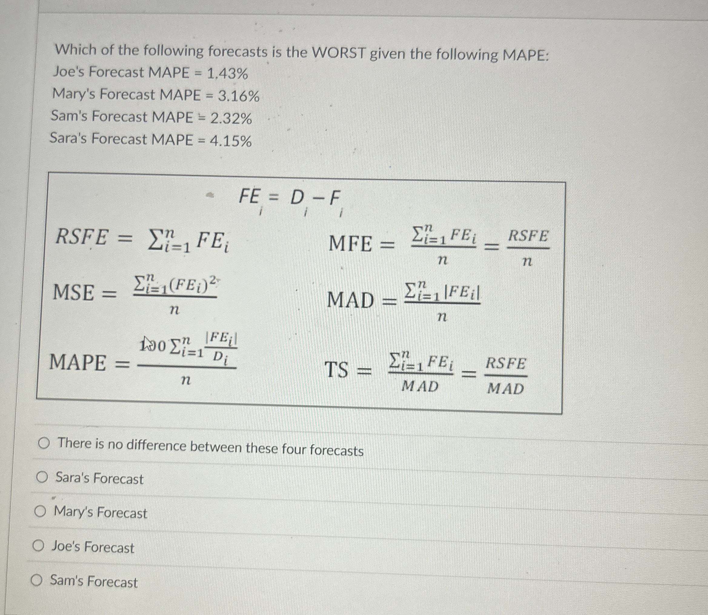 Solved Which of the following forecasts is the WORST given | Chegg.com