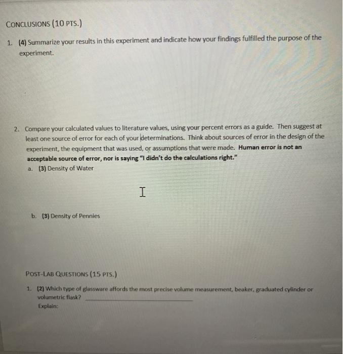 CONCLUSIONS (10 PTS.) 1. (4) Summarize your results | Chegg.com