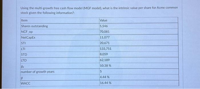 Solved Using the multi-growth free cash flow model (MGF | Chegg.com