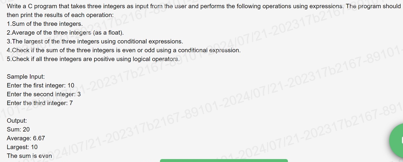 Solved Write a C program that takes three integers as input | Chegg.com