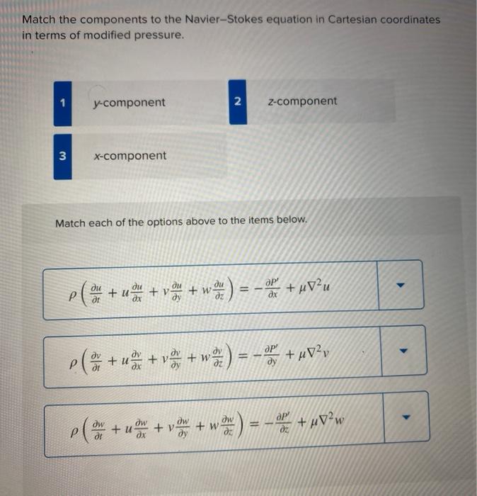 Solved Match the components to the Navier-Stokes equation in | Chegg.com