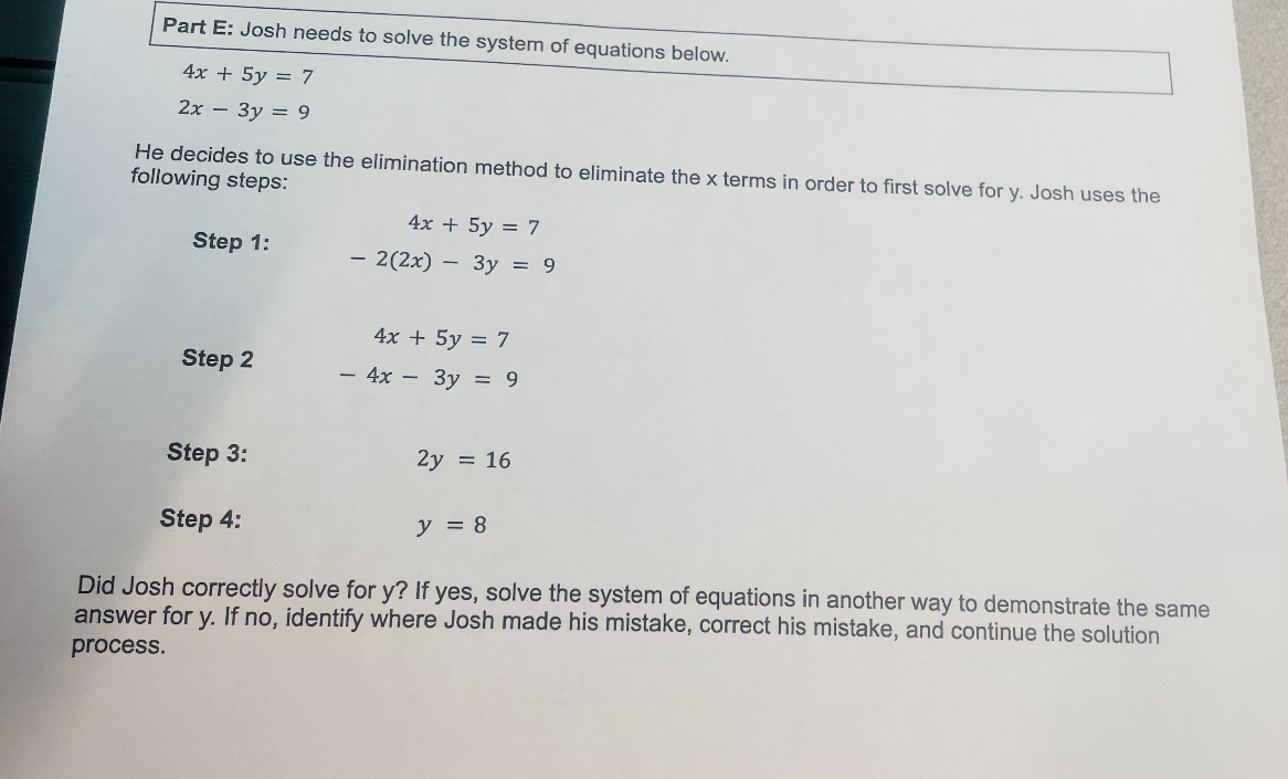 Part E: Josh needs to solve the system of equations | Chegg.com