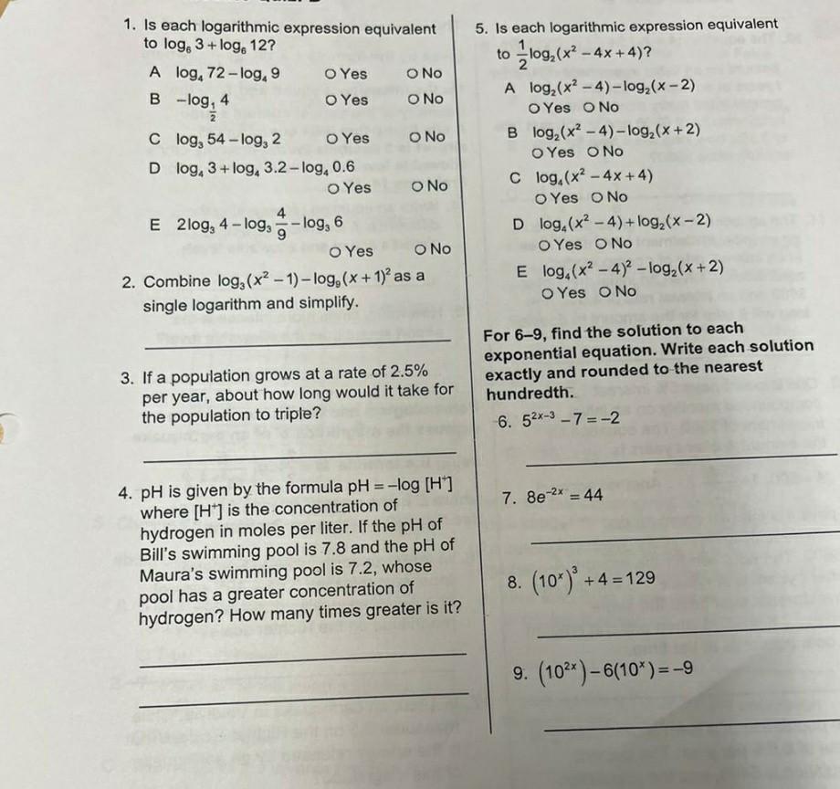 Solved 5. Is each logarithmic expression equivalent to 1. Is | Chegg.com