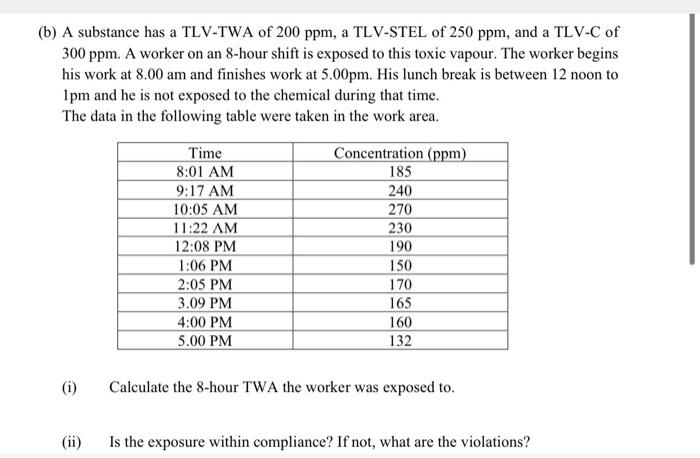 Solved (b) A substance has a TLV-TWA of 200 ppm, a TLV-STEL | Chegg.com