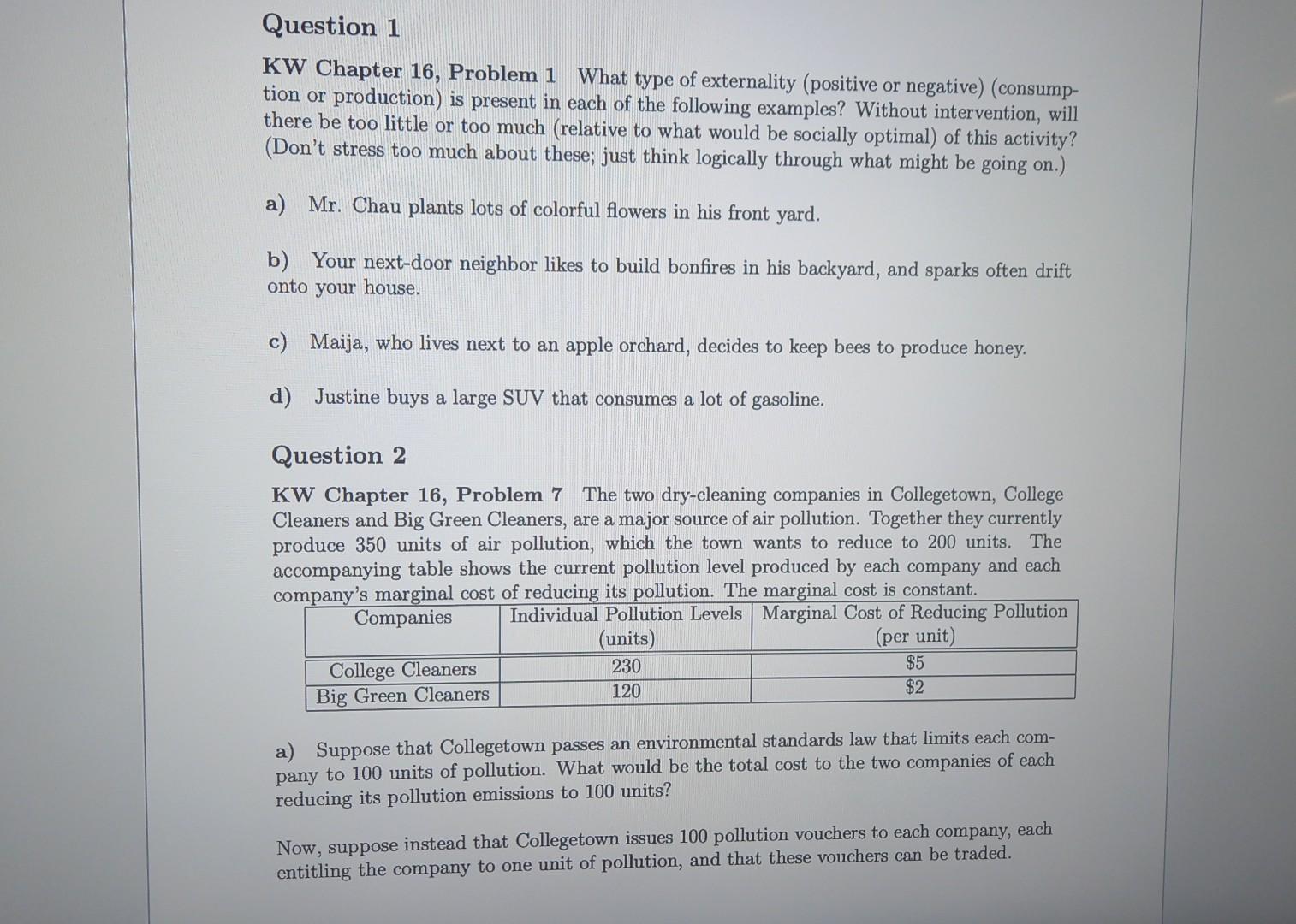 Solved KW Chapter 16, Problem 1 What type of externality | Chegg.com