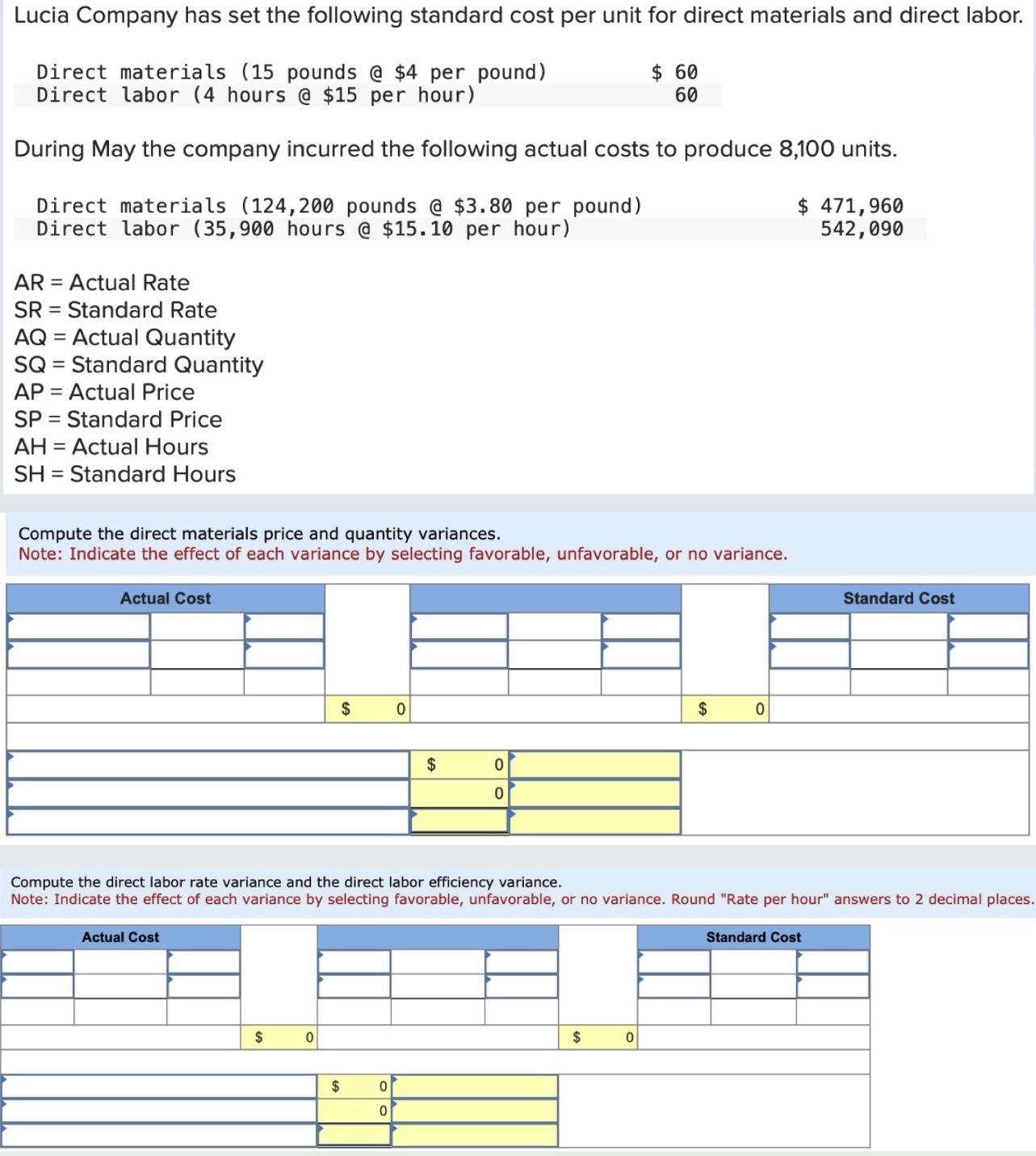 Solved Lucia Company has set the following standard cost per | Chegg.com