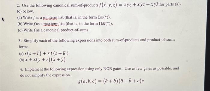 Solved 2. Use the following canonical sum-of-products | Chegg.com